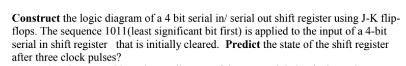 Solved Construct The Logic Diagram Of A 4 Bit Serial In Serial Out Shift Register Using J K