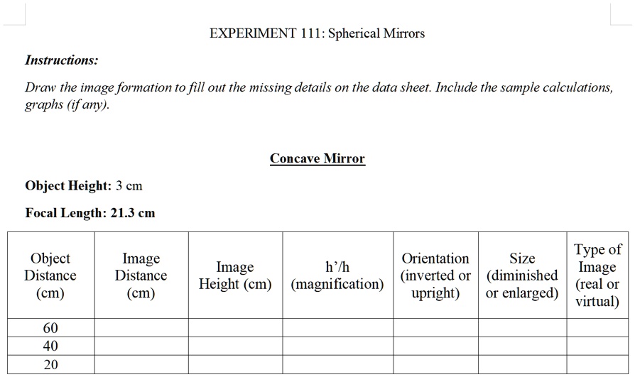 Instructions: EXPERIMENT 111: Spherical Mirrors Draw the image ...