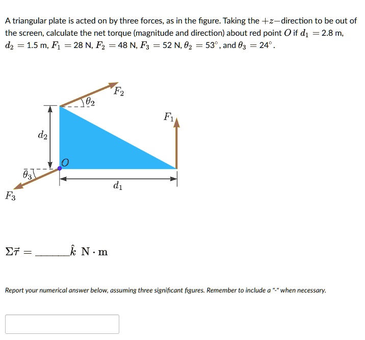 SOLVED: A triangular plate is acted on by three forces, as in the ...