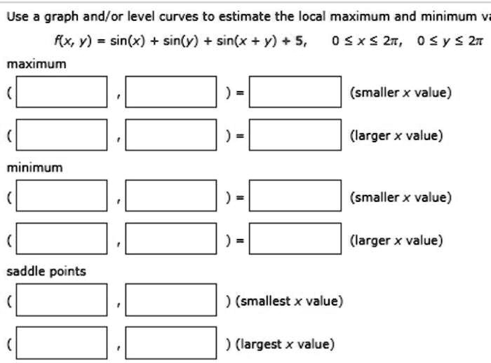 use a graph andor level curves to estimate the loca maximum and minimum fx y sinx sinly sinfx y ...