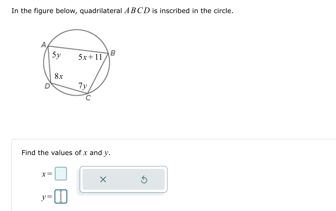 SOLVED: In the figure below, quadrilateral A B C D is inscribed in the circle. Find the values ...