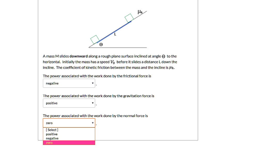 SOLVED: Amass M slides downward along rough plane surface inclined at angle 8 to the horizontal ...