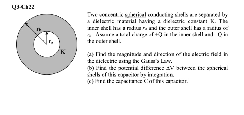 SOLVED:Q3-Ch22 Two concentric spherical conducting shells are separated by a dielectric material ...
