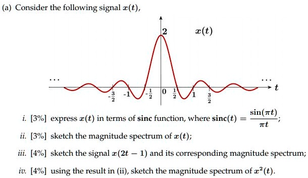SOLVED: Consider the following signal: x(t) = sin(Ï€t) i. [3%] Express ...