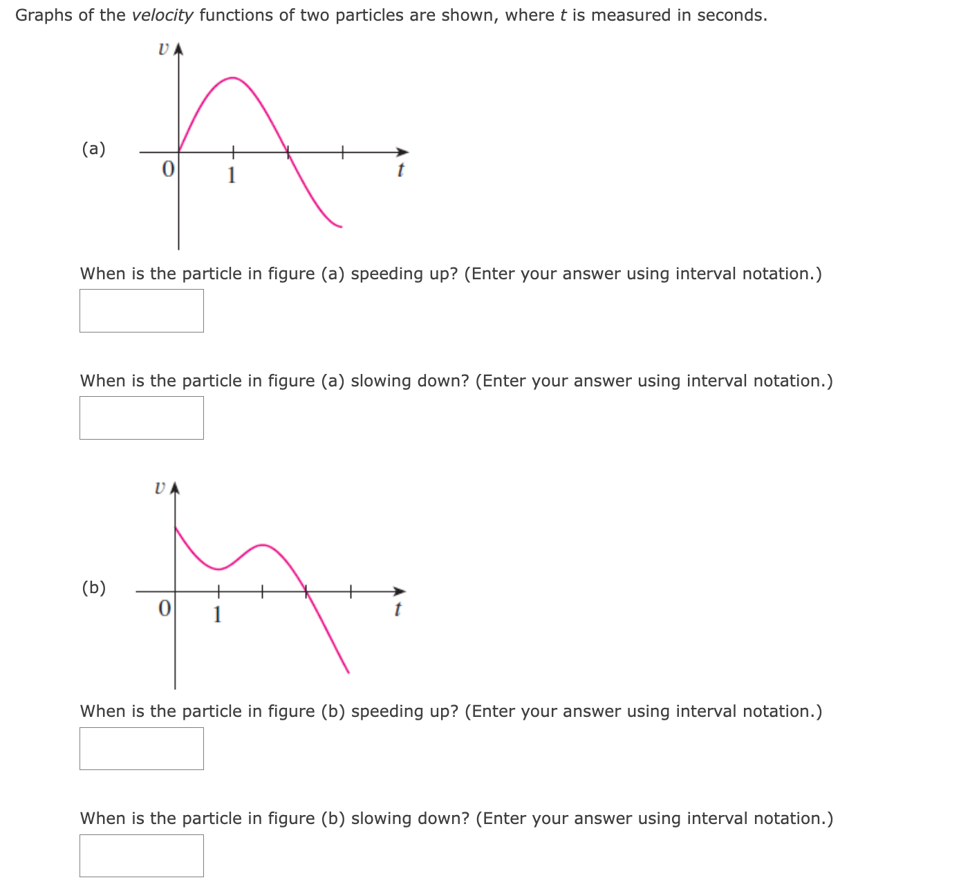 Graphs of the velocity functions of two particles are shown, where t is ...