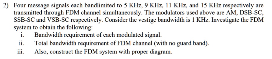 SOLVED: Four message signals, each bandlimited to 5 KHz, 9 KHz, 11 KHz, and 15 KHz respectively ...