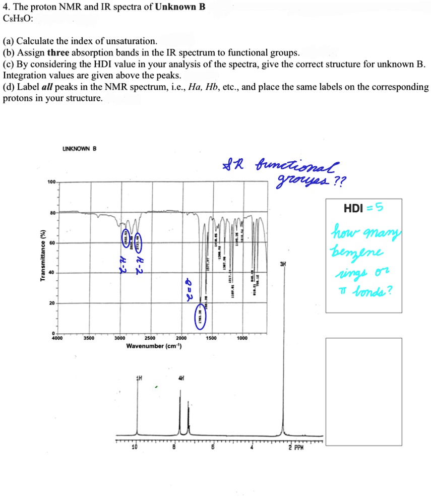 the proton nmr and ir spectra of unknown b c8h8o a calculate the index ...