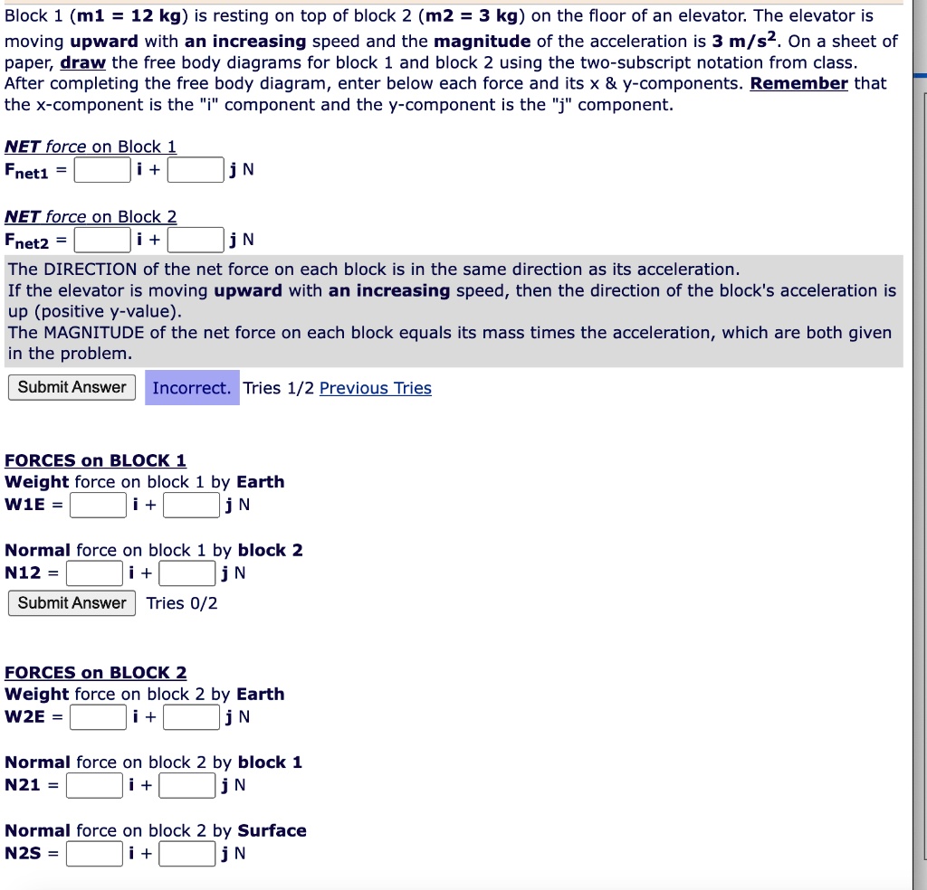 SOLVED: Block 1 (m1 = 12 kg) is resting on top of block 2 (m2 = 3 kg) on the floor of an ...