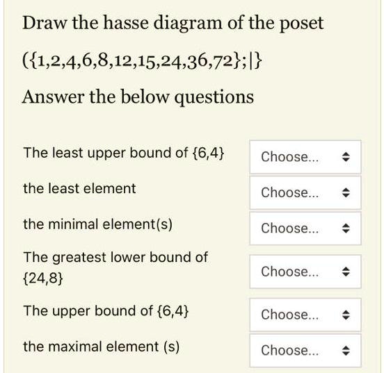 SOLVED: Draw the Hasse diagram of the poset (1,2,4,6,8,12,15,24,36,72;/) Answer the below ...