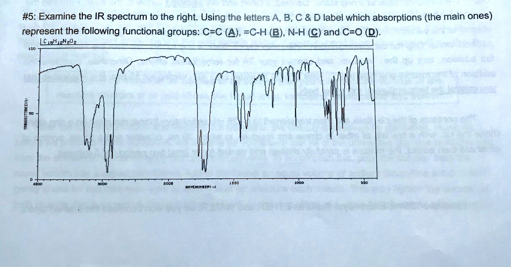 Examine the IR spectrum to the right. Using the letters A, B, C D, label which absorptions (the ...