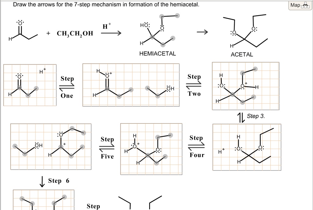 draw the arrows for the 7 step mechanism in formation of the hemiacetal ...