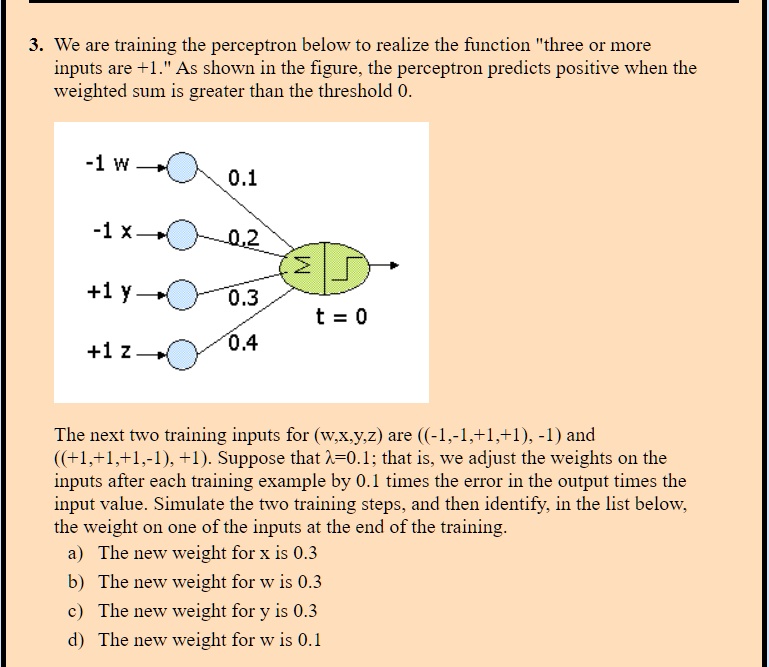 SOLVED: We are training the perceptron below to realize the function "three or more inputs are ...
