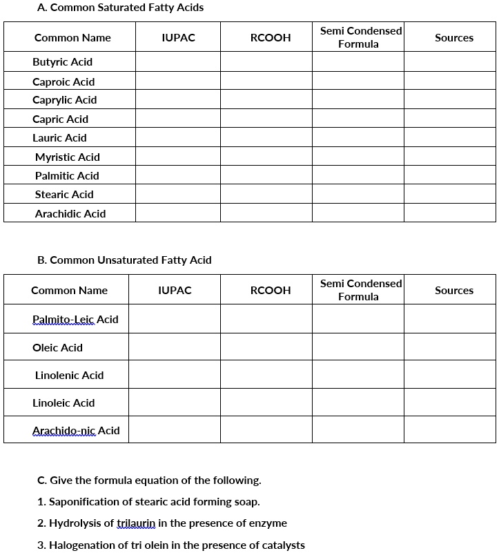 SOLVED: A. Common Saturated Fatty Acids Semi-Condensed Formula Common ...