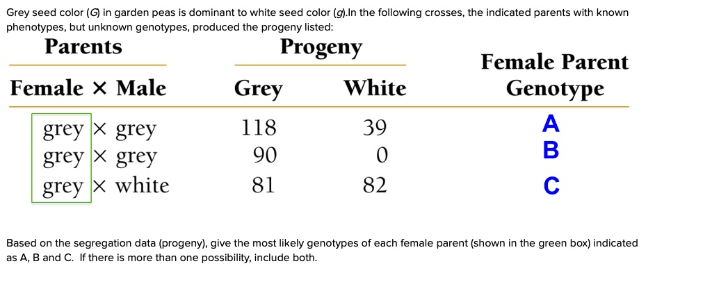 SOLVED: Grey seed color (G) in garden peas is dominant to white seed ...