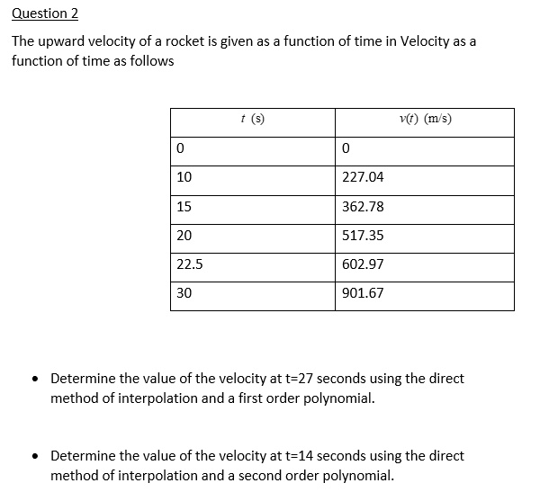 SOLVED: Question 2 The upward velocity of a rocket is given as function ...