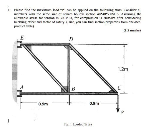 SOLVED: Please find the maximum load p that can be applied to the following truss. Consider all ...