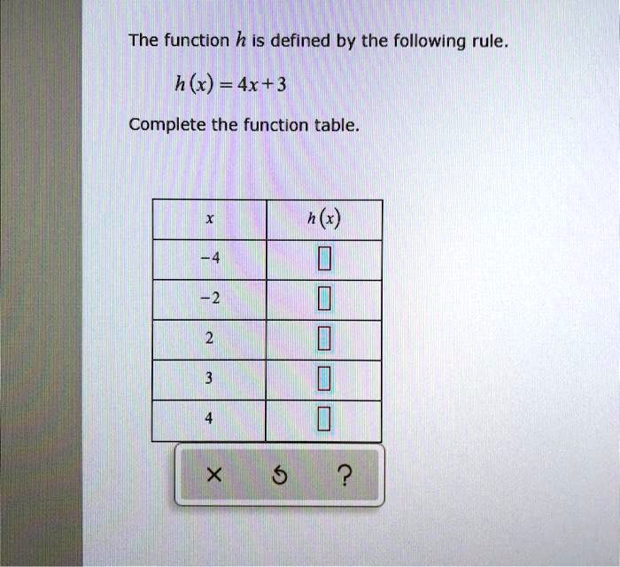 The function h is defined by the following rule. h (x) = 4x+3 Complete ...