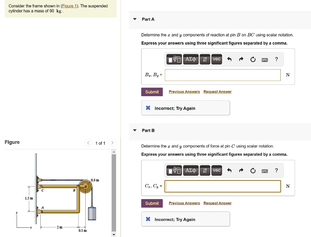 consider the frame shown in figure 1 the suspended cylinder has mass of 90 kg part a deterine ...
