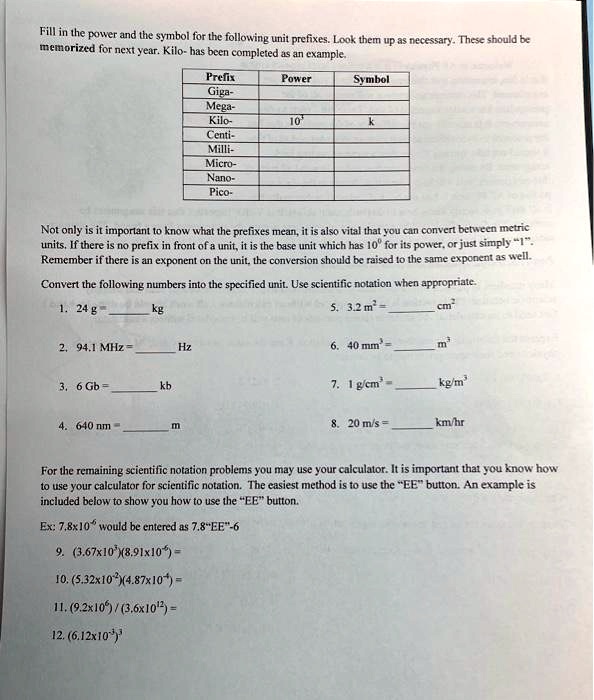 SOLVED: Fill in the power and the symbol for the following unit prefixes. Look them up as ...