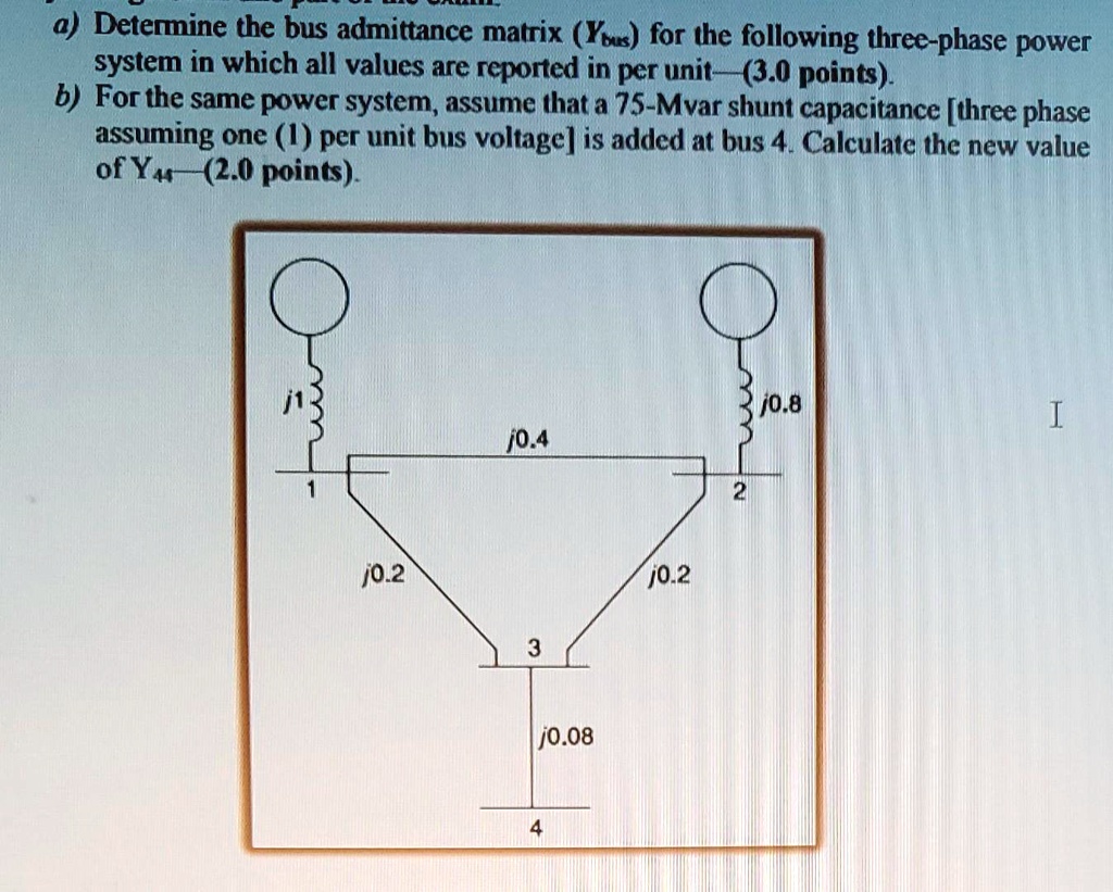 a) Determine the bus admittance matrix (Ybus) for the following three-phase power system in ...
