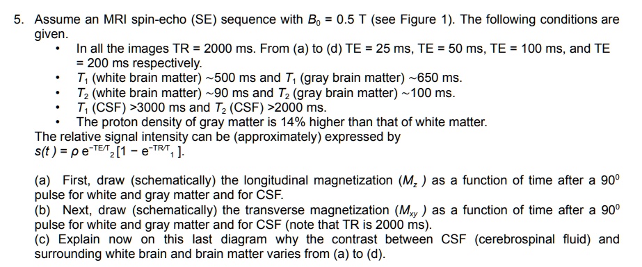 5. Assume an MRI spin-echo (SE) sequence with B0 = 0.5 T...
