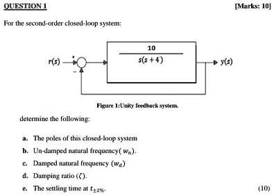 QUESTION 1 For the second-order closed-loop system: r(s) determine the following: 10 s(s+4) y(s ...