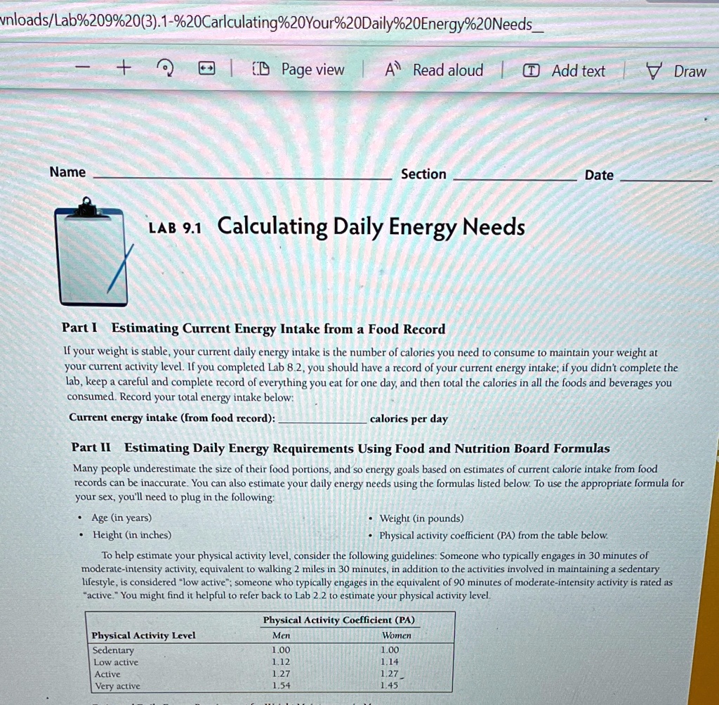 SOLVED: Title: Calculating Daily Energy Needs LAB 9.1 Calculating Daily ...