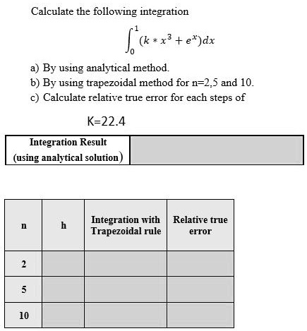 SOLVED: Calculate the following integration: âˆ«(k*x^2 + e*)dx. By using the analytical method ...