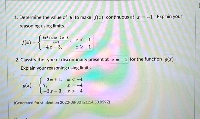 SOLVED: Texts: 1) How do I solve for b and explain using limits? 2) How do I determine ...
