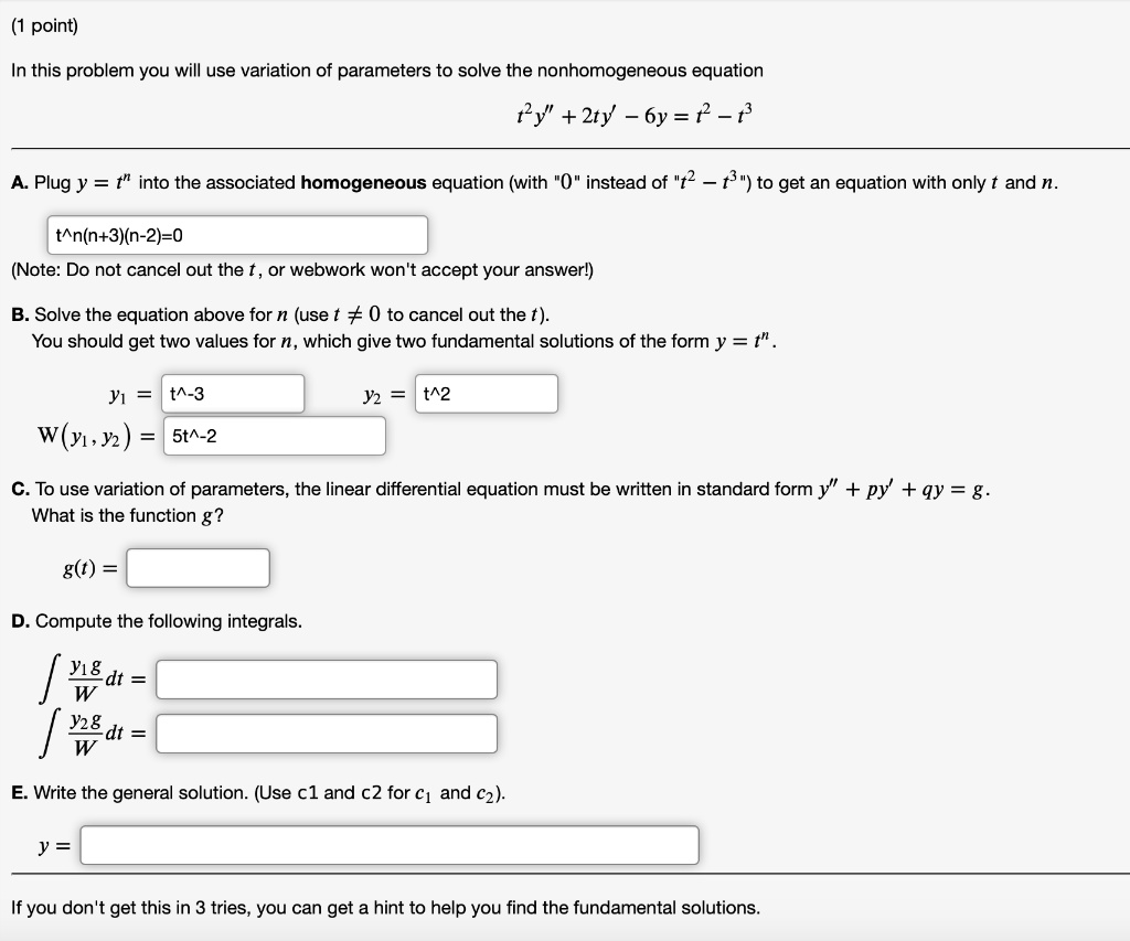 SOLVED: In this problem, you will use a variation of parameters to solve the nonhomogeneous ...