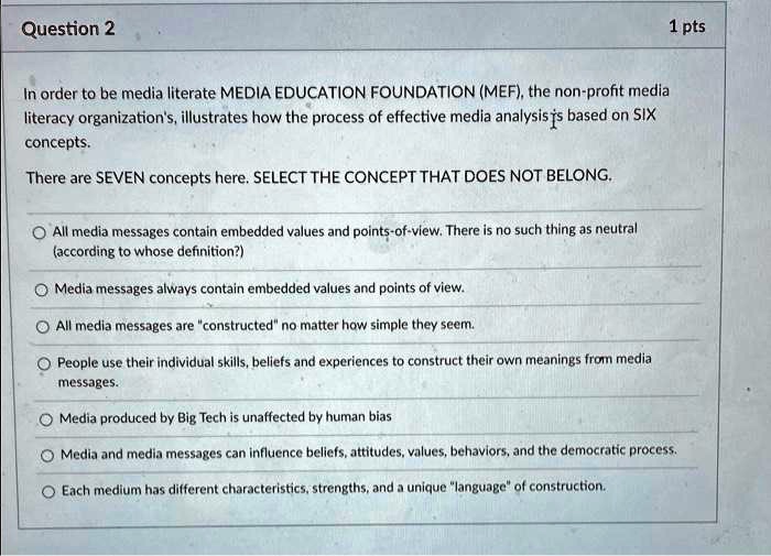 SOLVED: In order to be media literate, the MEDIA EDUCATION FOUNDATION ...