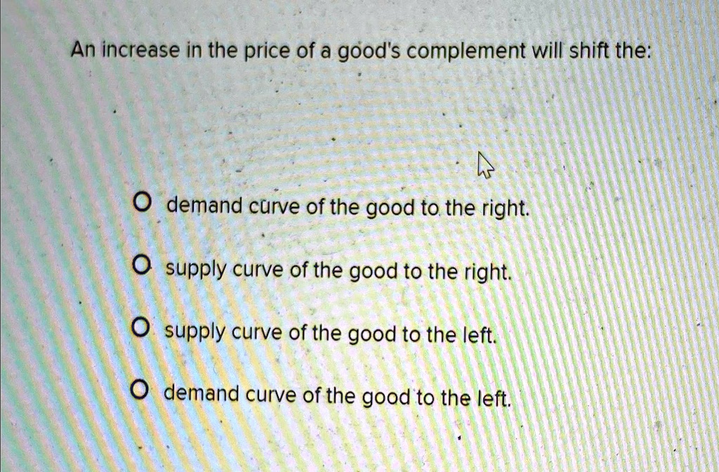 SOLVED: An increase in the price of a good's complement will shift the ...