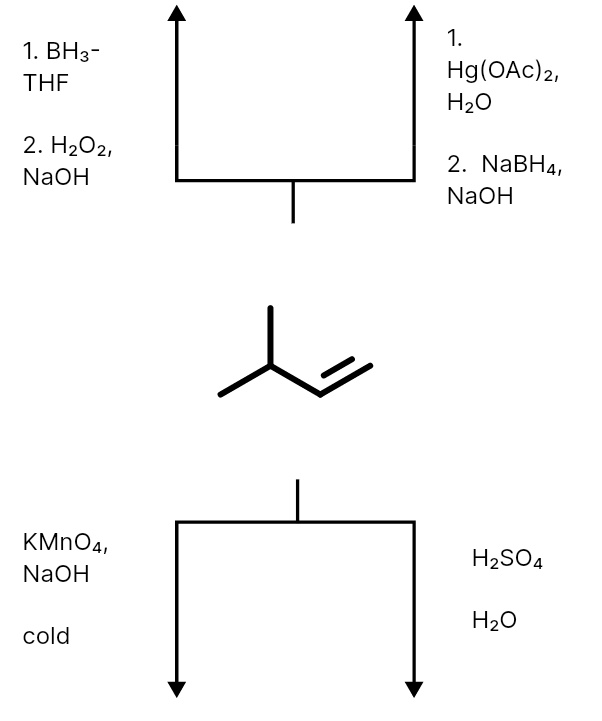 1. BH3^- THF 2. H2O2, NaOH 1. Hg(OAc)2, H2O 2. NaBH4, NaOH KMnO4, NaOH ...