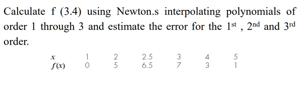 calculate f 34 using newtons interpolating polynomials of order 1 through 3 and estimate the ...