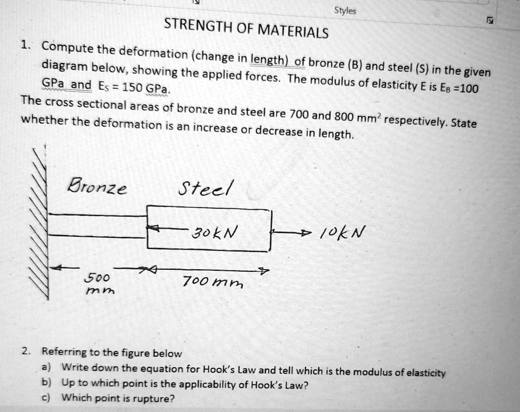 SOLVED: Compute the deformation (change in length) of bronze (B) and steel (S) in the given ...