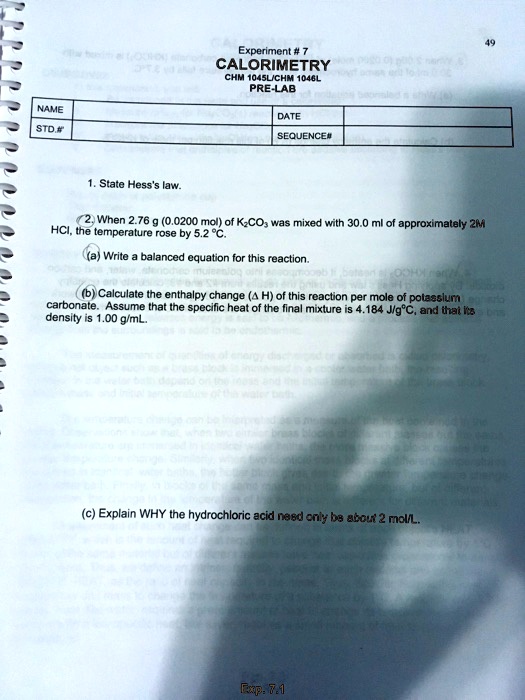 SOLVED: Experiment # CALORIMETRY CHM 1040L PRE-LAB DATE STUDENT ...