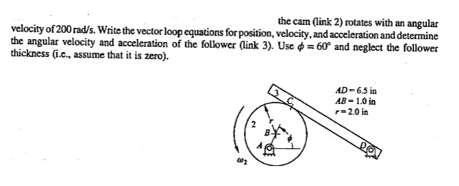 SOLVED: The cam (link 2) rotates with an angular velocity of 200 rad/s ...