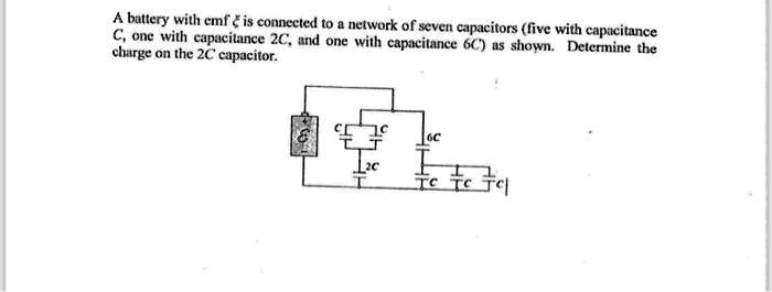 A battery with emf ℰ is connected to a network of seven capacitors ...