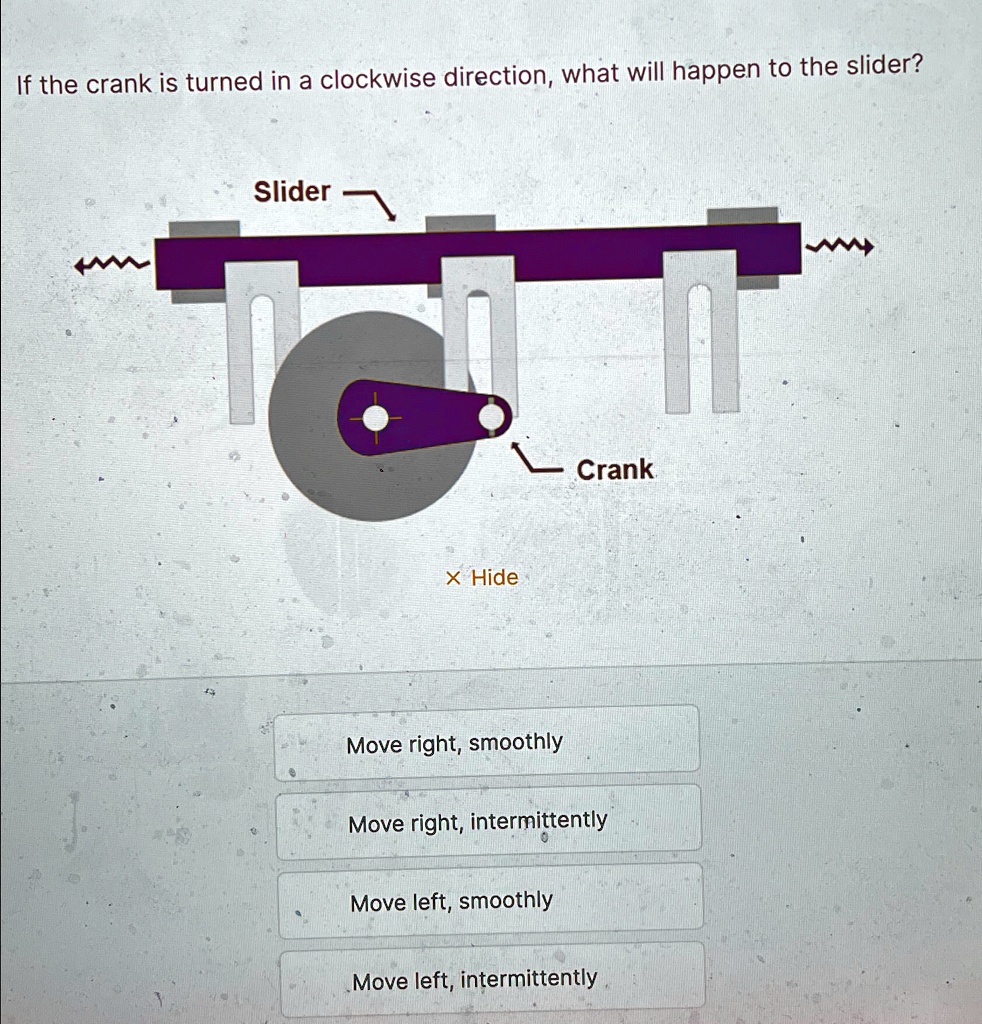 If the crank is turned in a clockwise direction, what will happen to the slider? Slider × Hide ...