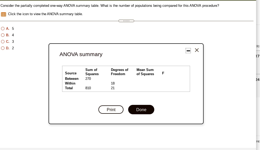 SOLVED: Consider the partially completed one-way ANOVA summary table What is the number of ...
