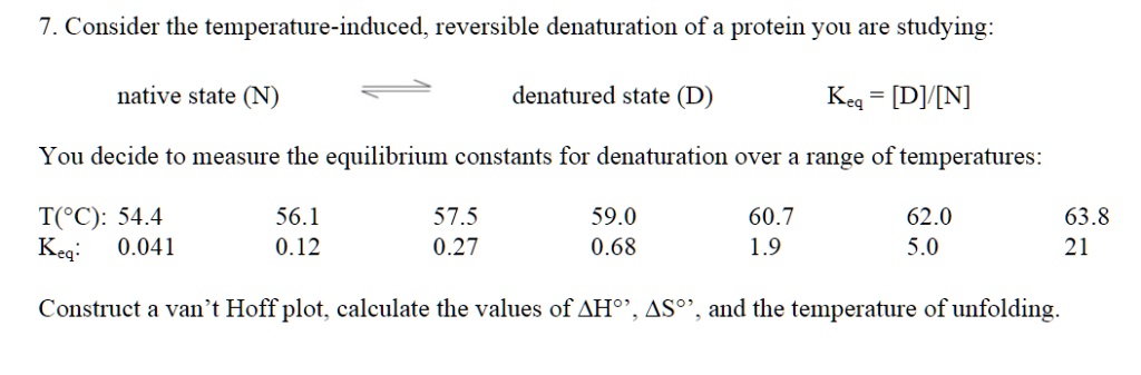 SOLVED: 7. Consider the temperature-induced, reversible denaturation of ...