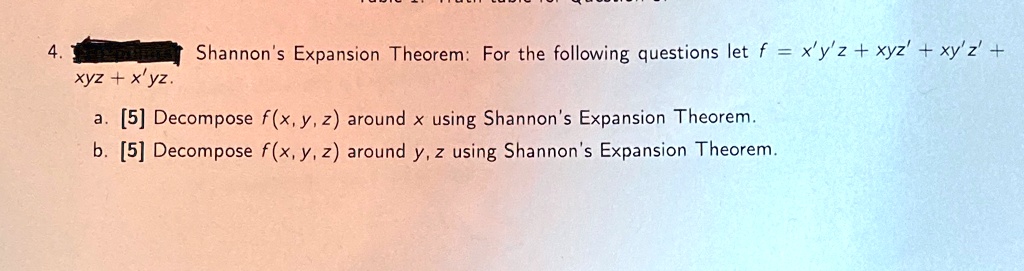 4. Shannon's Expansion Theorem: For the following questions let f = x'y'z + xyz' + xy'z' + xyz ...