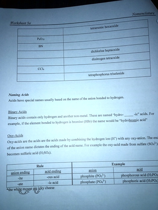 SOLVED: Nomenclature Worksheet Sa Tetrarsenic hexoxide (As4O6 ...
