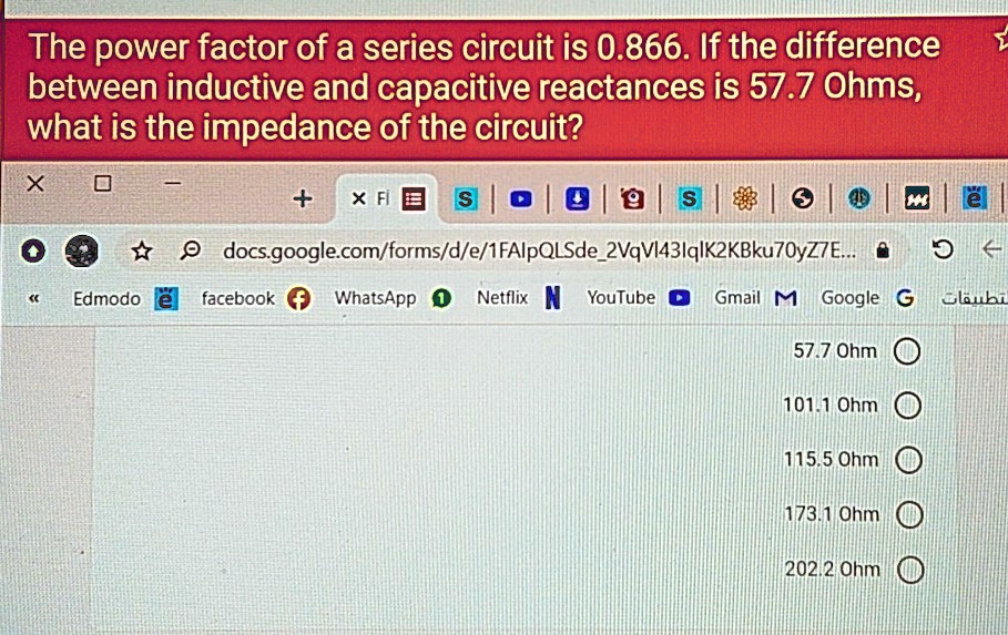 SOLVED: The power factor of a series circuit is 0.866. If the ...
