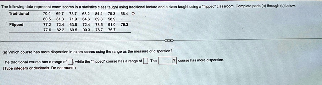The following data represent exam scores in a statistics class taught using traditional lecture ...