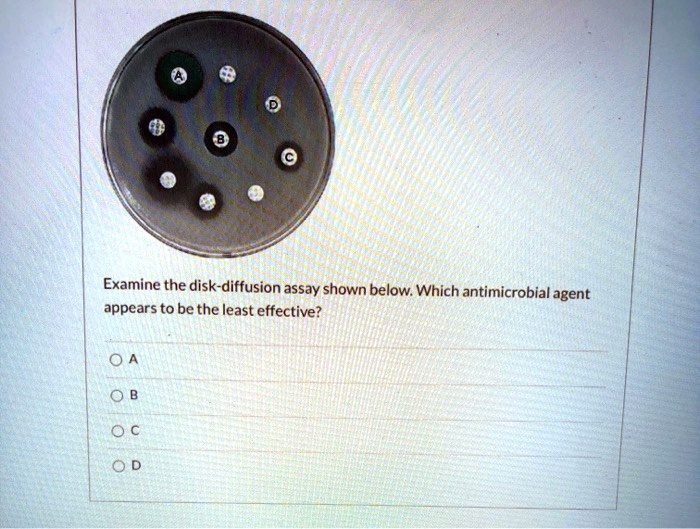 Examine the disk-diffusion assay shown below: Which antimicrobial agent ...
