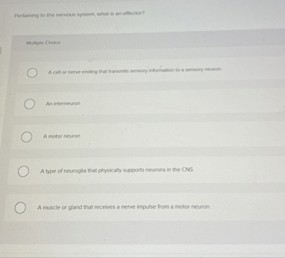 SOLVED: Pertaining to the nervous system, what is an effector? Multiple ...