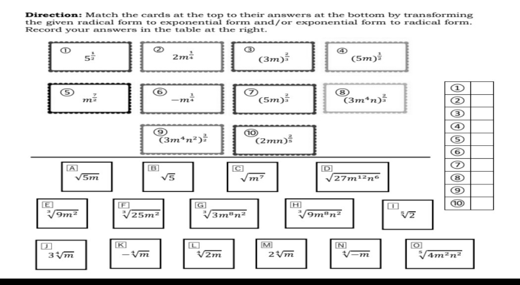 Direction: Match the cards at the top to their answers at the bottom by transforming the given ...