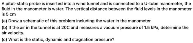 A pitot-static probe is inserted into a wind tunnel and is connected to a U-tube manometer, the ...