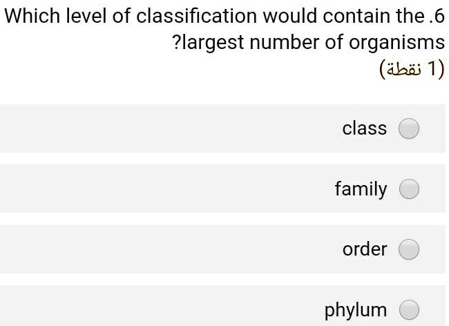 SOLVED: Which level of classification would contain the largest number ...